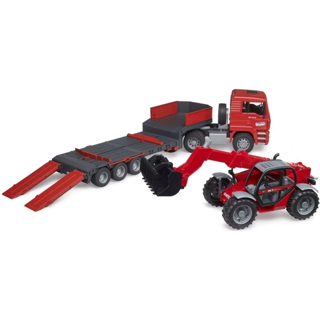 Bruder MAN TGA Low Loader Trailer and Manitou Telescopic Loader MLT 633 ...